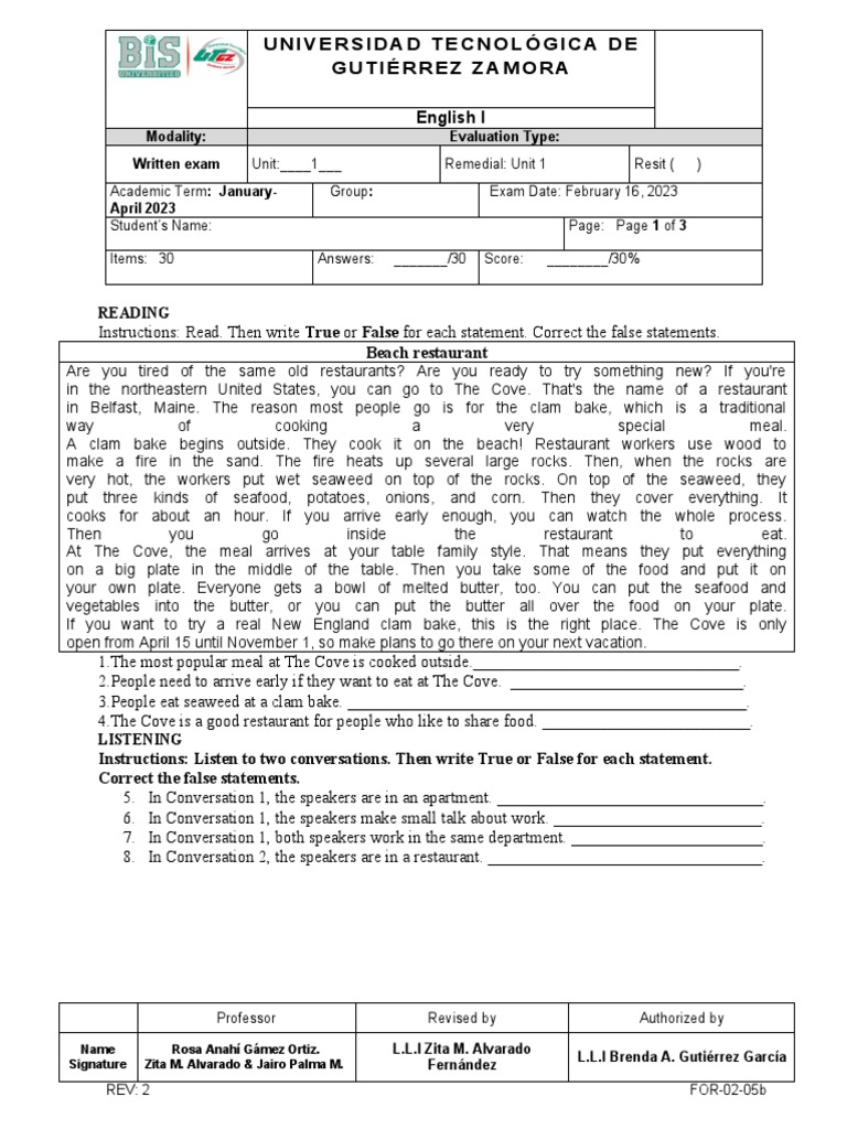 Remedial English Unit 1 Exam PDF | PDF