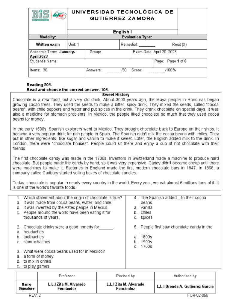 English 1 Unit 1 - RESIT EXAM | PDF