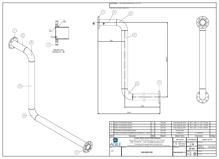 Desenho técnico de tubulação com especificações de materiais e ...