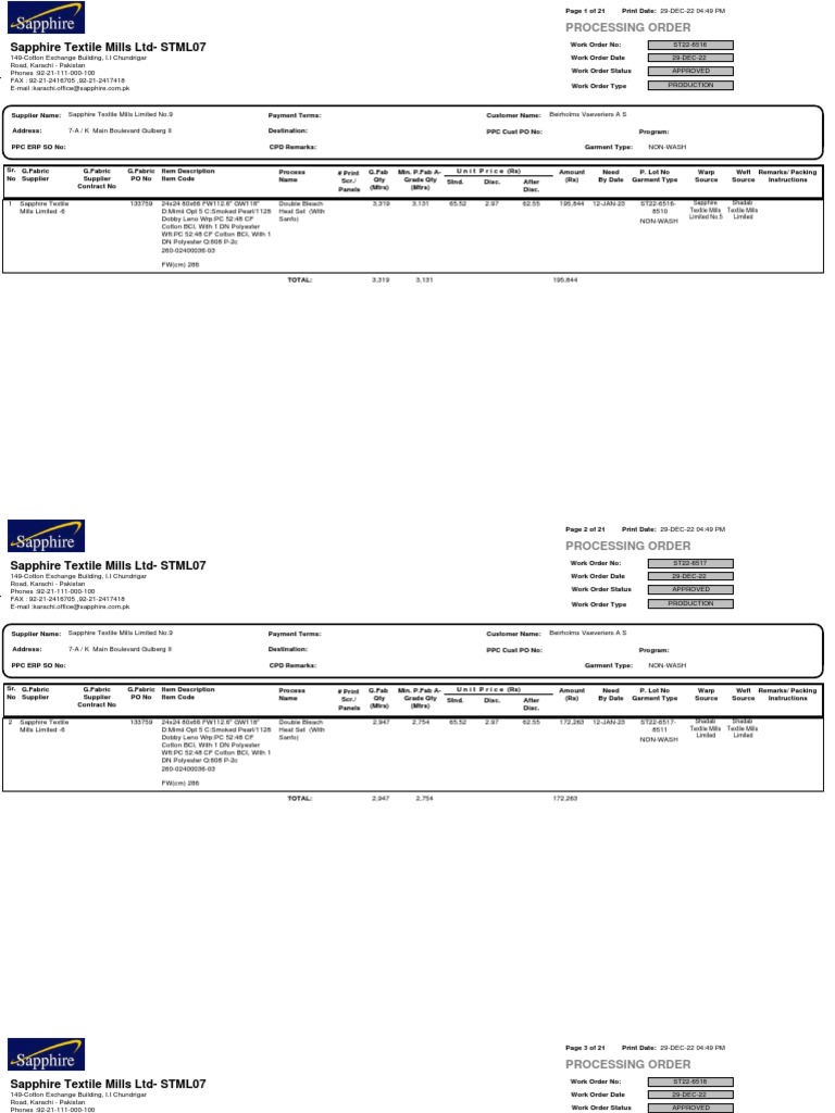 Today Work order (Bulk---) -29-Dec-22 | PDF | Textile Manufacturing | Textiles