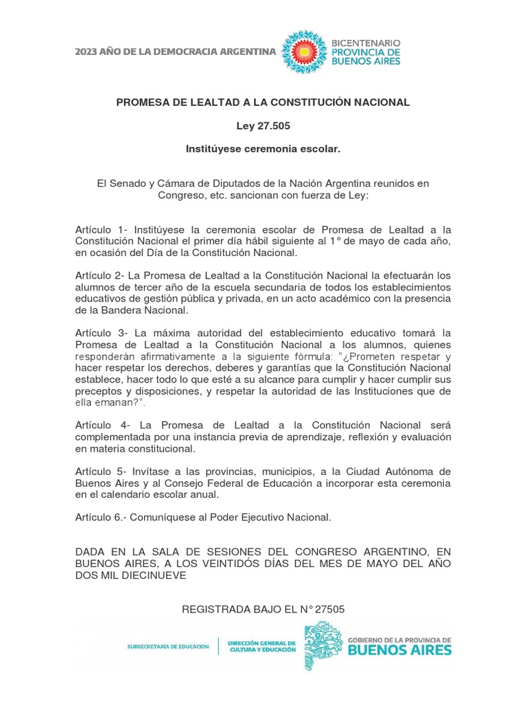 Ley 27505 Promesa de Lealtad A La Constitución Nacional | PDF ...