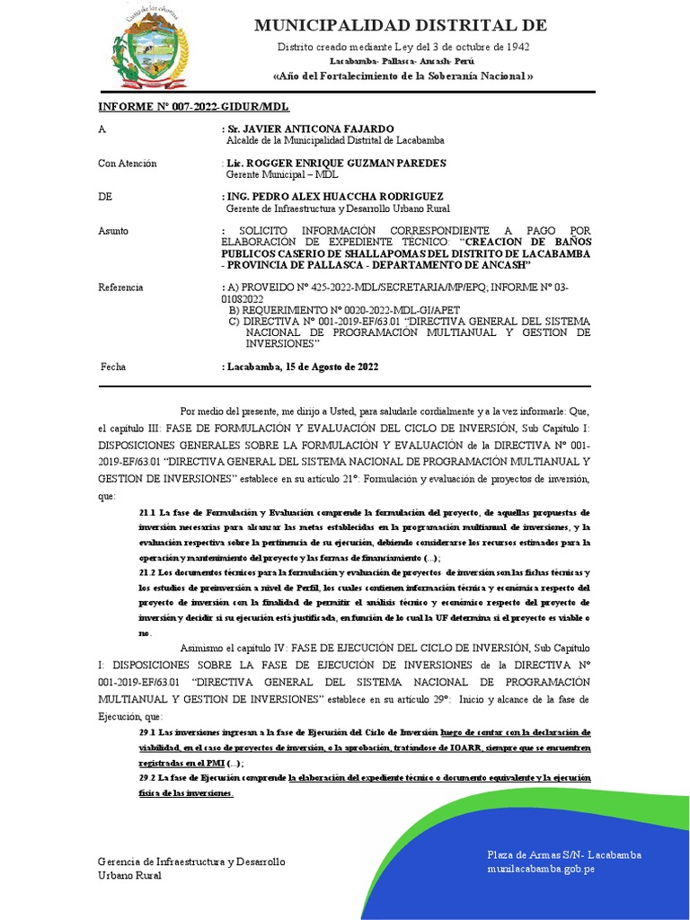 Informe Nº007-2022-Gidur Solicito Información Cui #2559304 | PDF