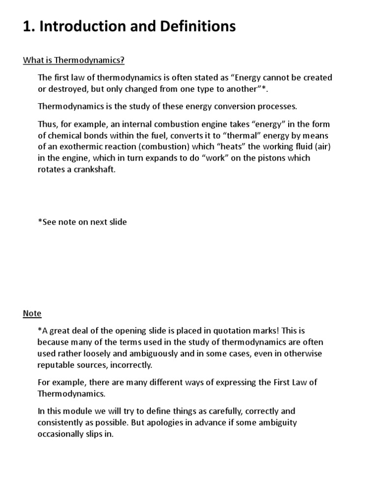 WEEK 1 INTRODUCTION Definitons and The First Law of Thermodynamics | PDF