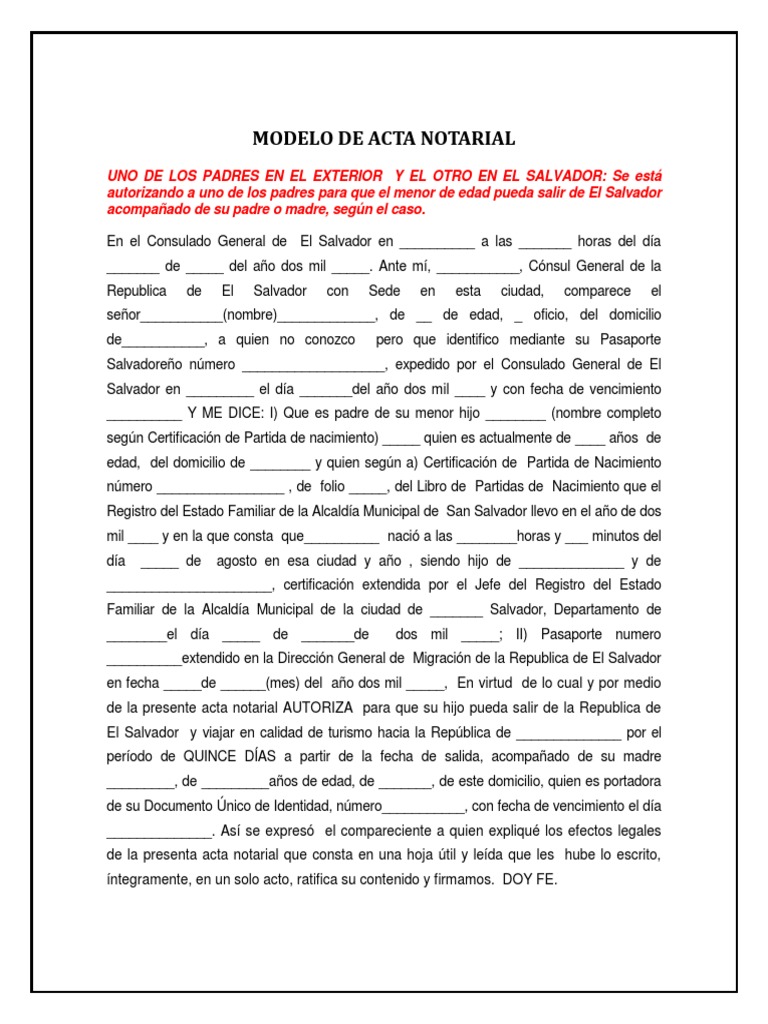 MODELO DE ACTA NOTARIAL PARA SALIDA DE MENORES.pdf | PDF | Certificado ...