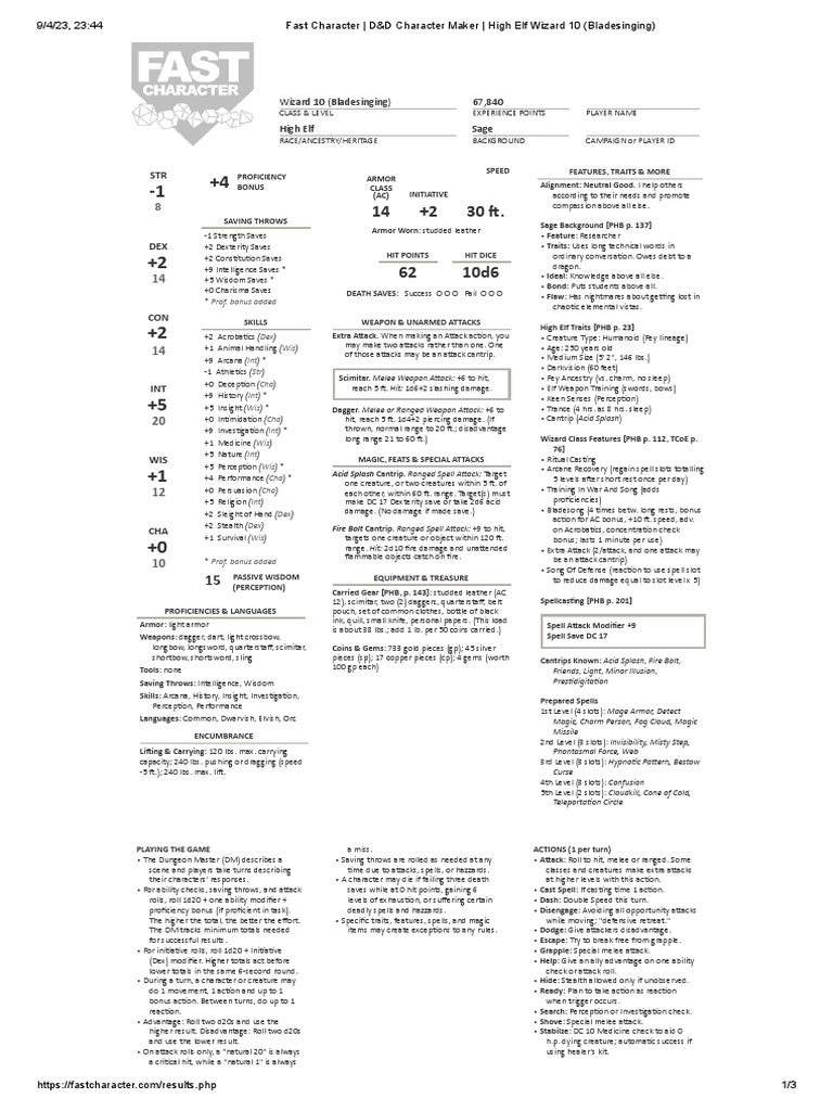 High Elf Wizard 10 (Bladesinging) | PDF | Dungeons & Dragons | Role Playing Games