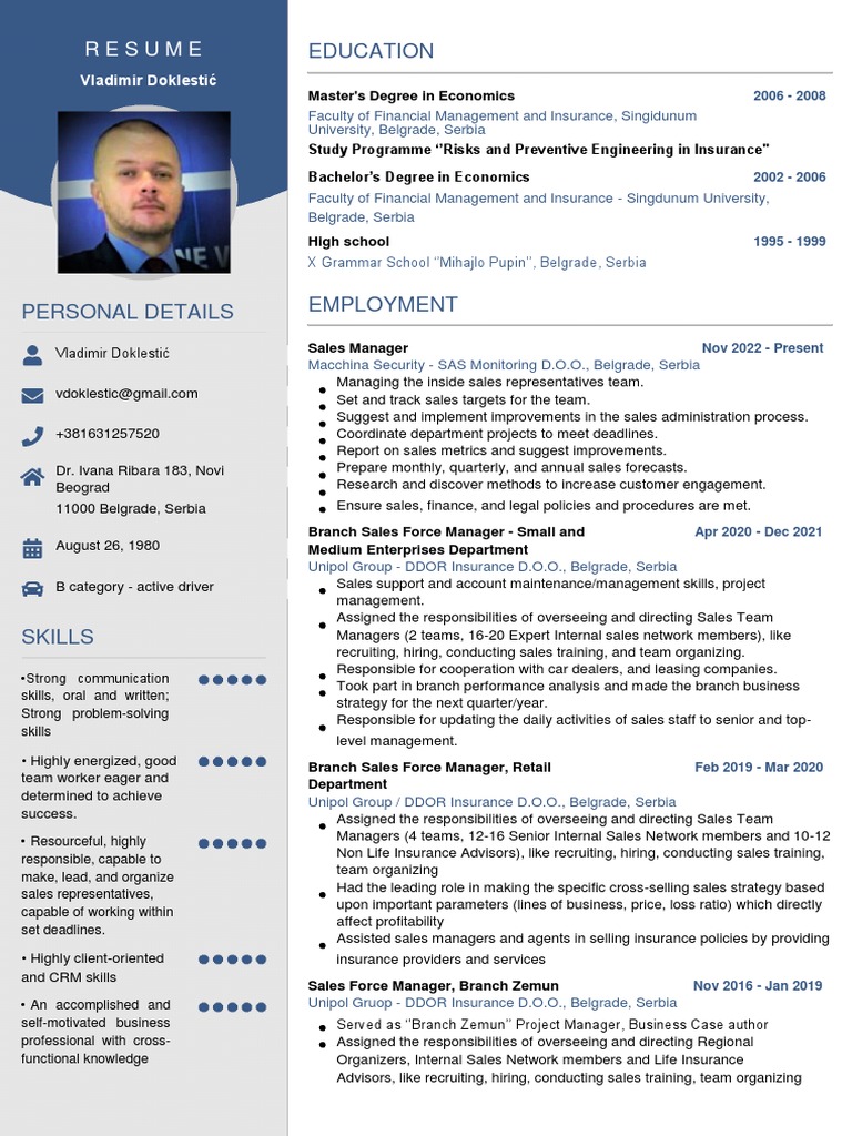 Resume Vladimir Doklestic 2023 | PDF | Sales | Insurance