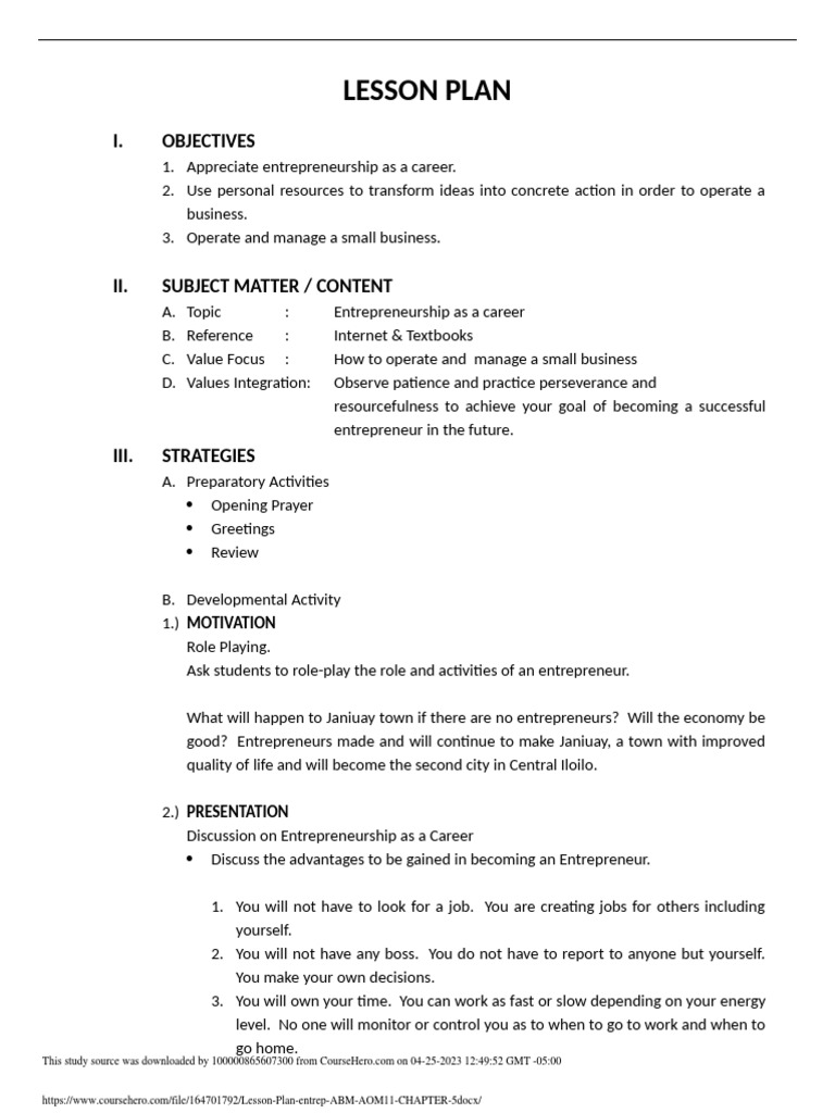 Lesson Plan Entrep ABM AOM11 CHAPTER 5 | PDF