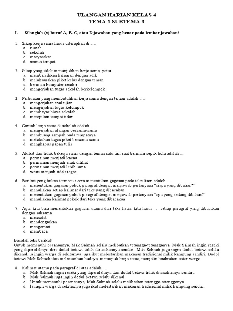 Soal Uh Kelas 4C Tema 1 Subtema 3 | PDF