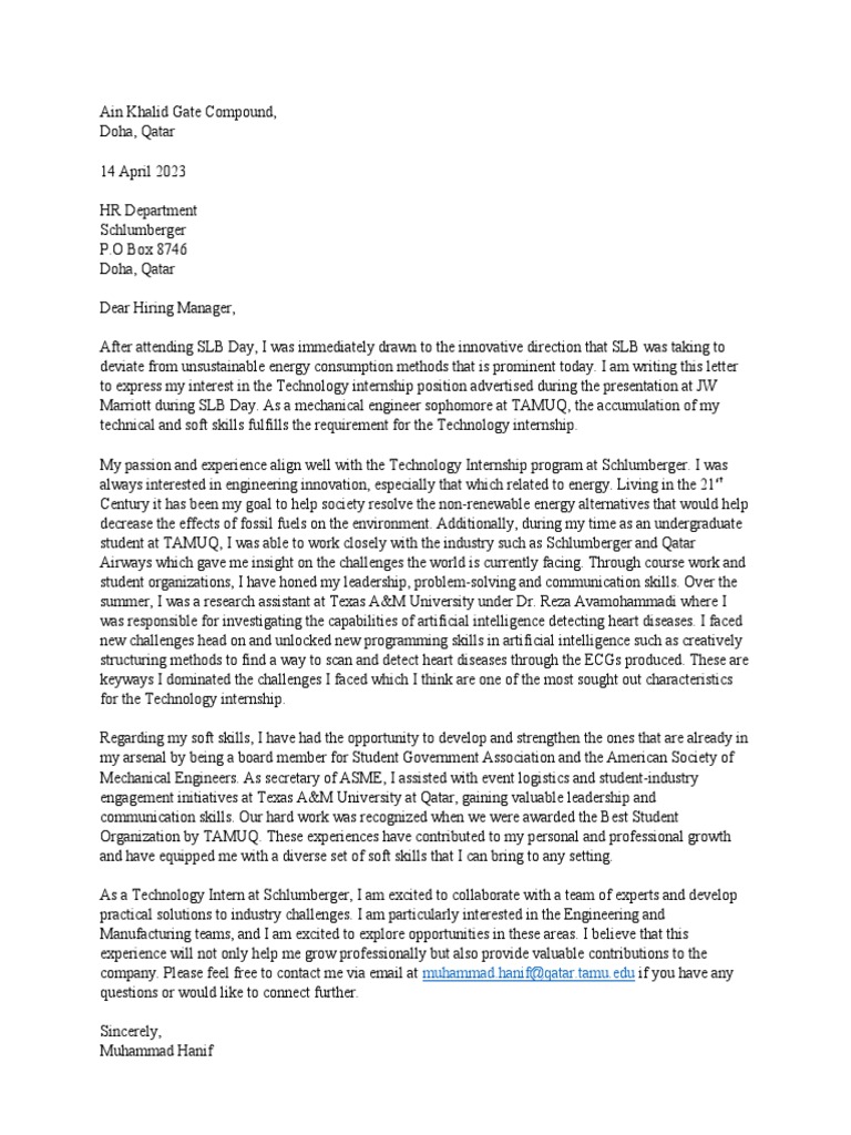 Schlumberger Technology Internship Application | PDF