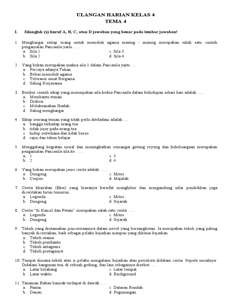 Soal Uh Kelas 4C Tema 4 | PDF | Griya & Taman
