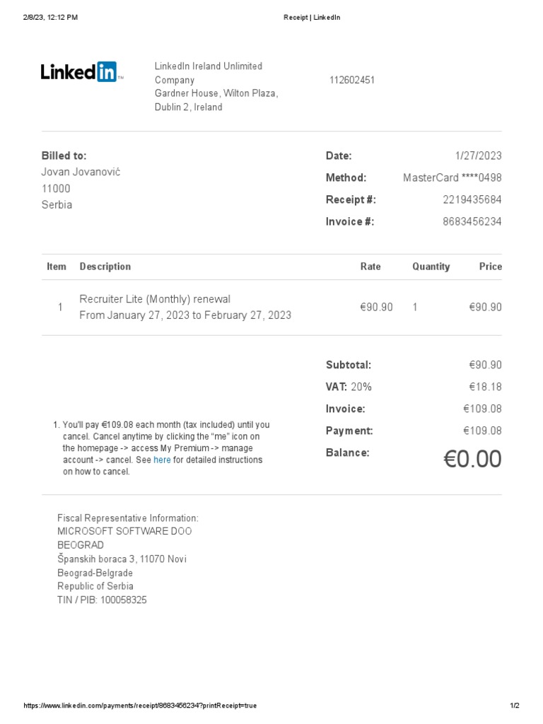 Receipt - LinkedIn January PDF | PDF