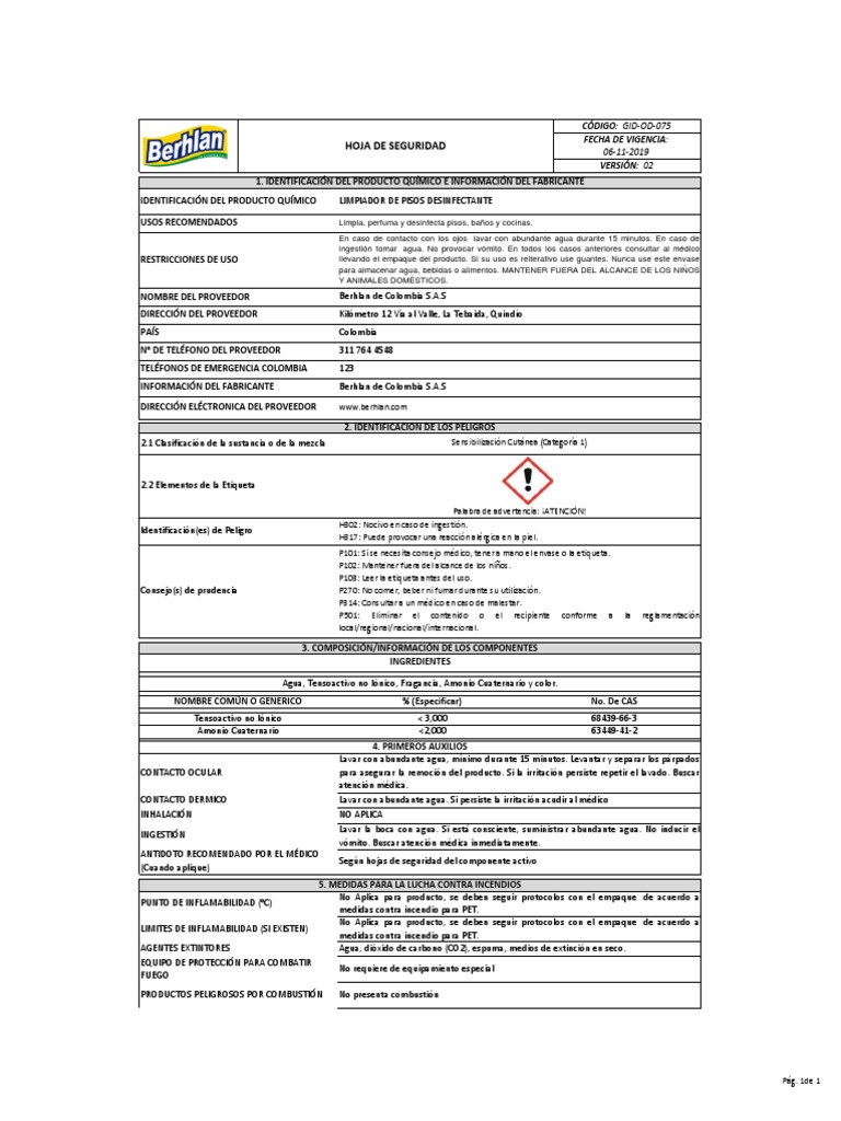Hoja Seguridad Cristal Pisos Berhlan PDF | PDF | Agua | Solubilidad