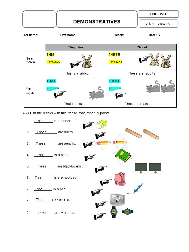 4 - A Demonstratives Worksheet | PDF