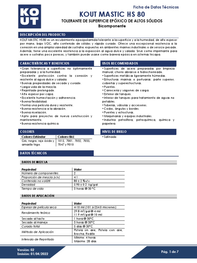 Recubrimiento Epóxico KOUT MASTIC HS 80 | PDF