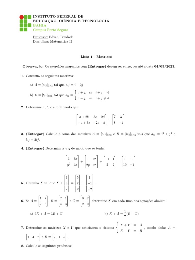 Lista1 Matrizes PDF | PDF