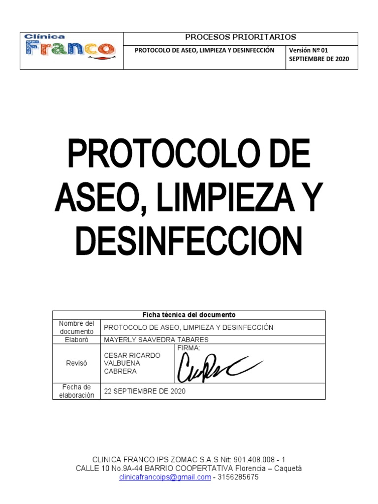 Protocolo de Aseo Limpieza y Desinfección | PDF | Agua | Residuos