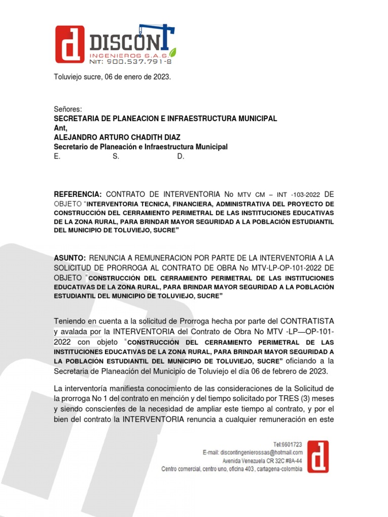 Oficio Renuncia Remuneracion Por Prorroga Interventoria | PDF