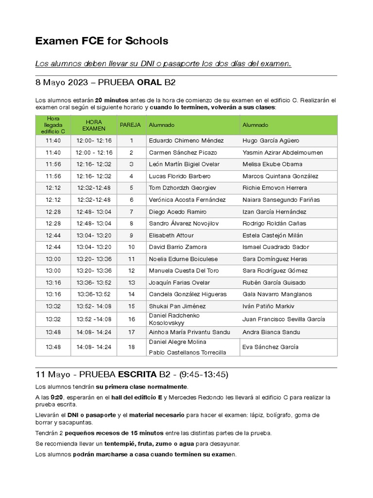 Horario Examen FCE B2 para Alumnos | PDF