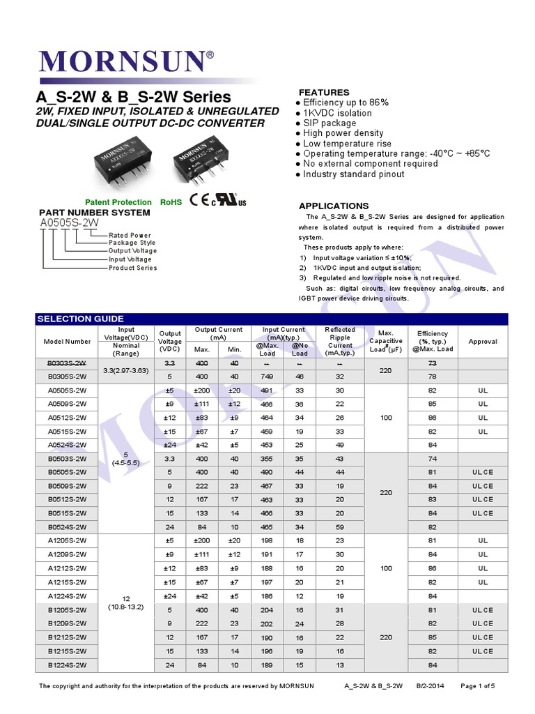 A - S-2W & B - S-2W Series: 2W, Fixed Input, Isolated & Unregulated ...