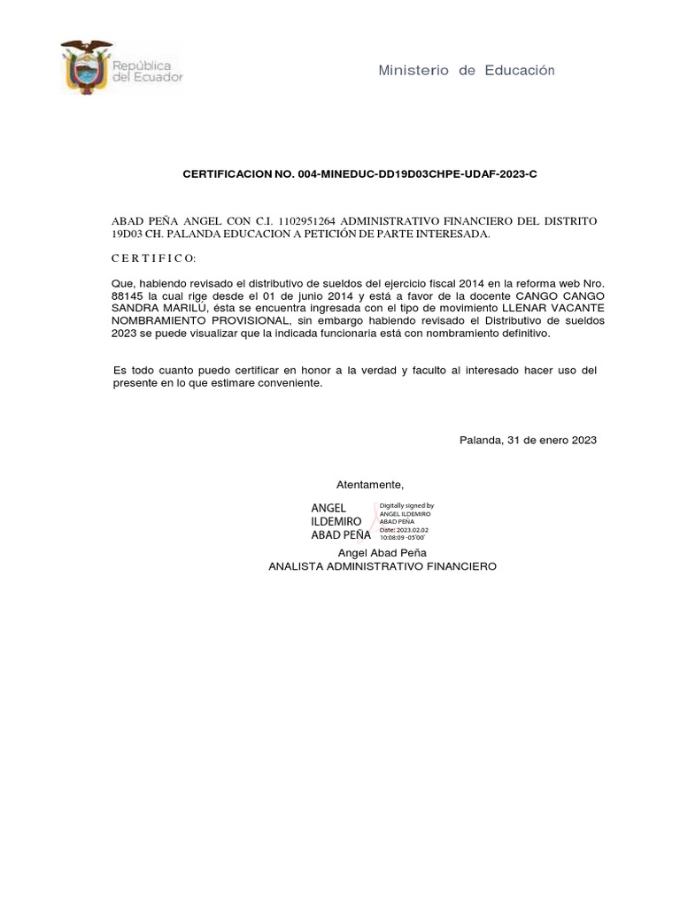 Certificacion Financiero Cango | PDF
