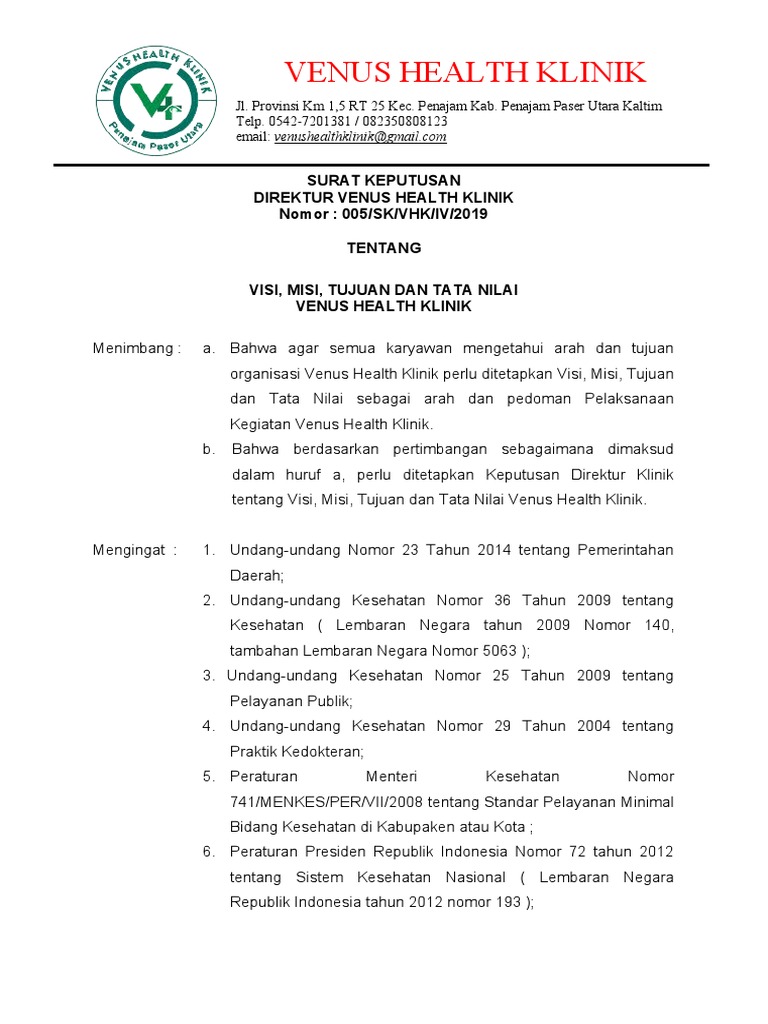 SK Direktur Visi, Misi, Tujuan Dan Tata Nilai VHK | PDF | Pengembangan Diri
