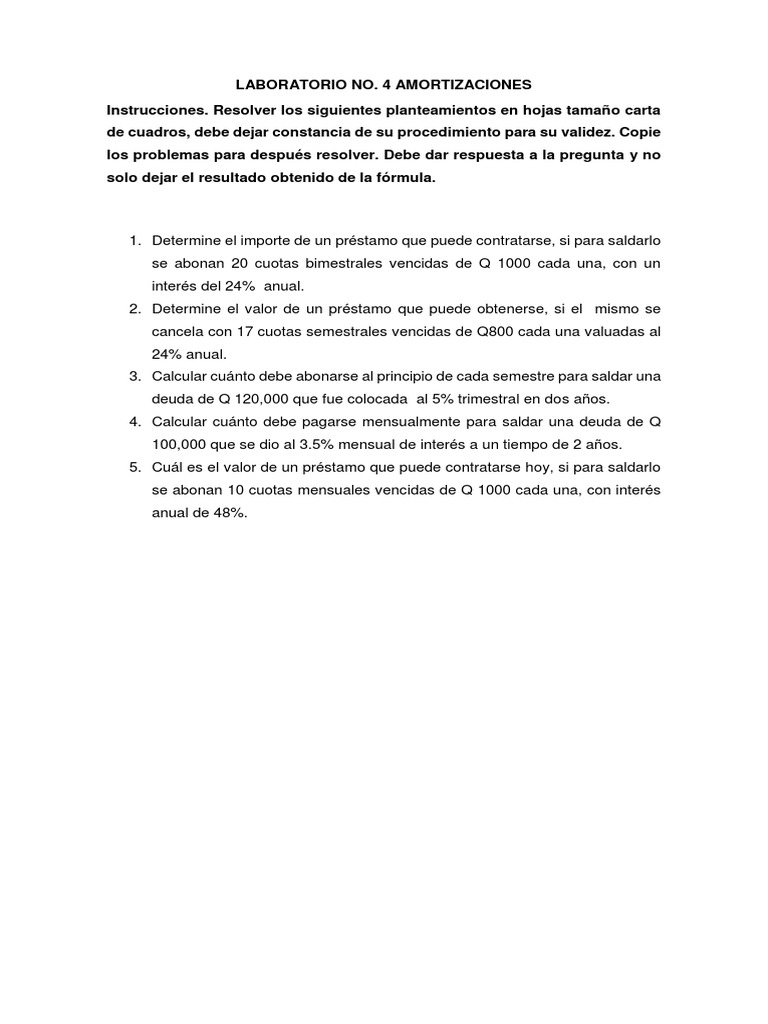 LABORATORIO No. 4 Amortizaciones | PDF