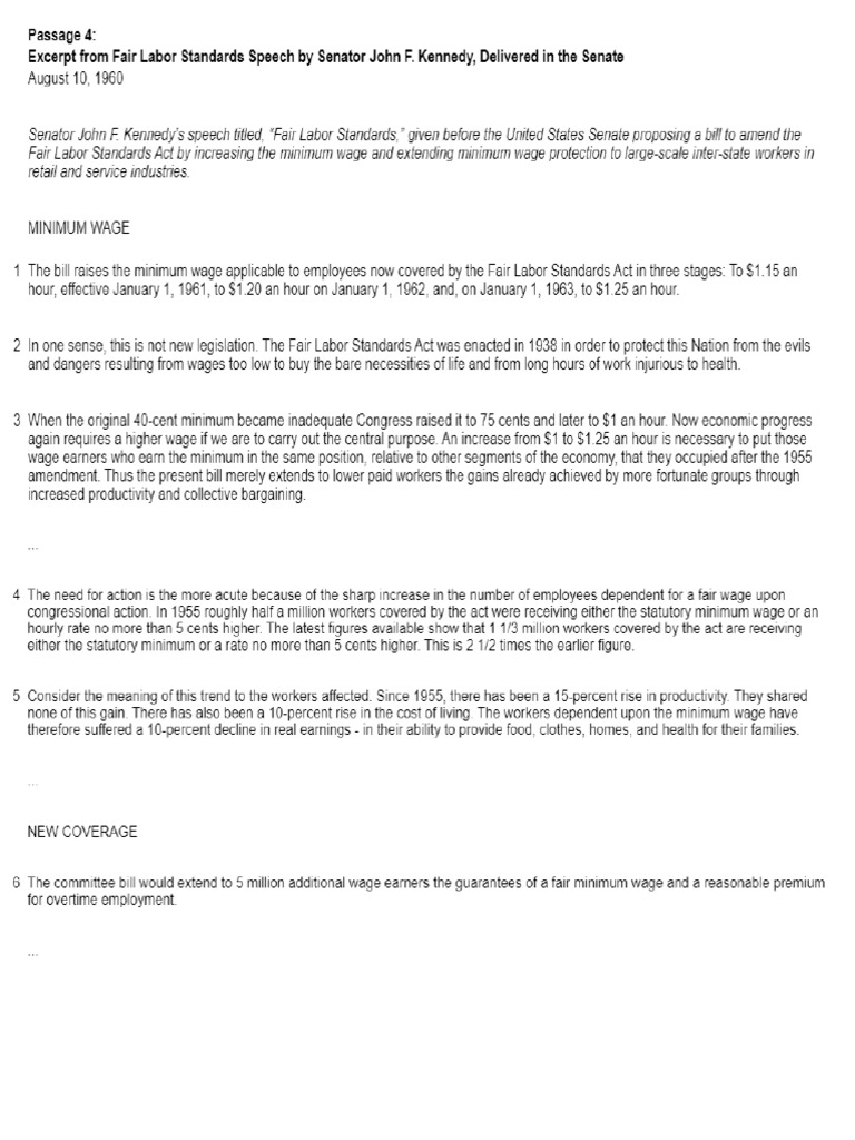 Excerpt From Fair Labor Standards Speech by Senator John F. Kennedy PDF | PDF