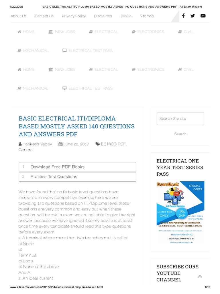 BASIC ELECTRICAL ITI - DIPLOMA BASED MOSTLY ASKED 140 QUESTIONS AND ANSWERS PDF - All Exam ...