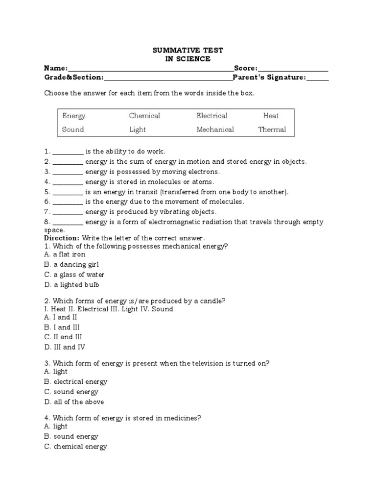 Science Summative Test on Energy Concepts | PDF | Light | Heat