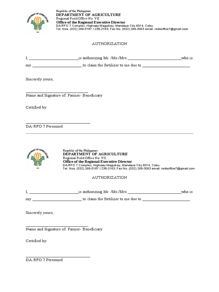 Authorization Letter Fertilizer Subsidy | PDF