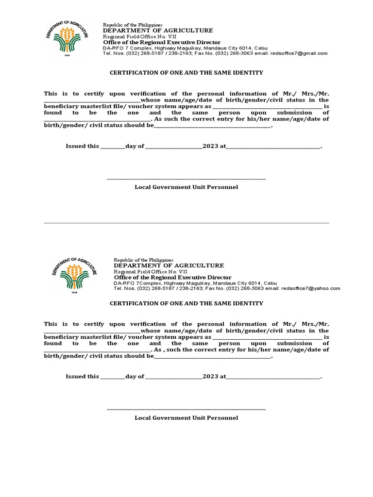 Certification of One and The Same Identity | PDF