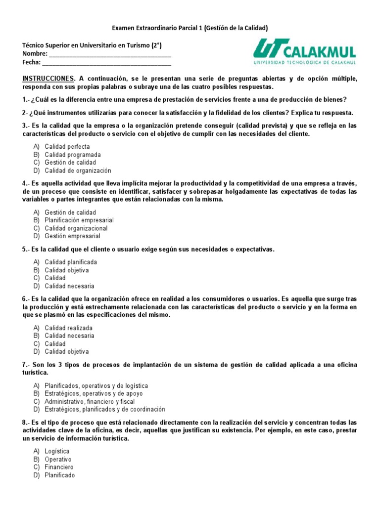 Examen de Gestión de la Calidad: Preguntas sobre conceptos básicos ...