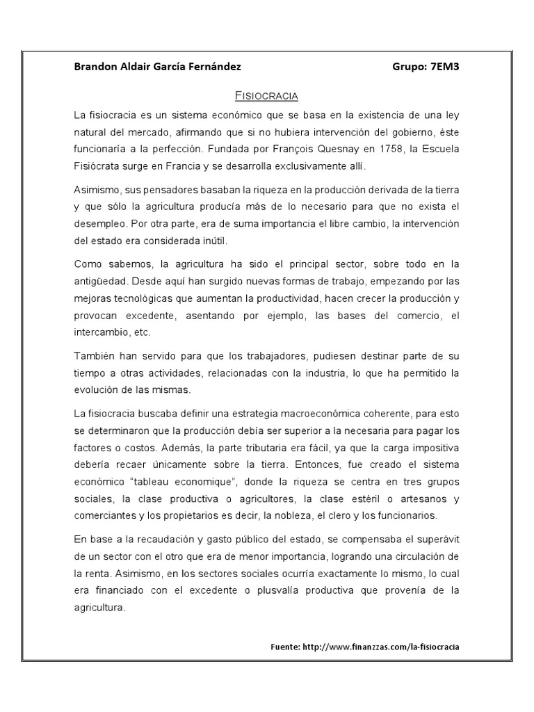 Resumen de la Fisiocracia Económica | PDF | Finanzas y dinero | Política