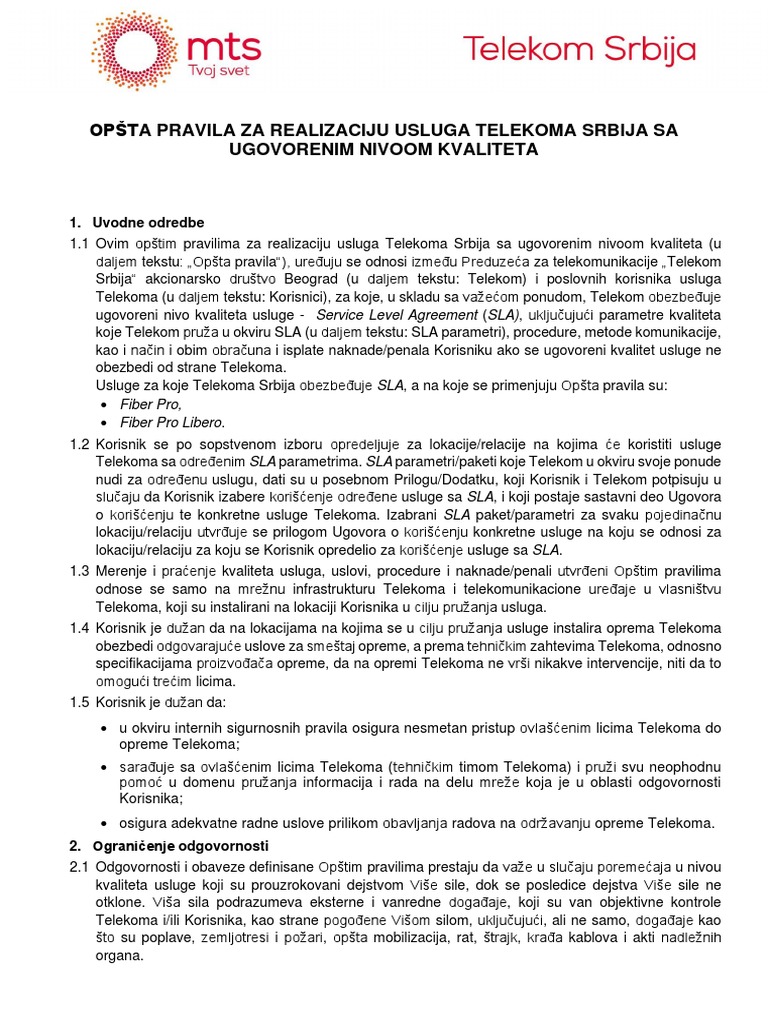 Opsta Pravila Za Realizaciju Usluga Telekoma Srbija Sa Ugovorenim Nivoom Kvaliteta SLA PDF | PDF