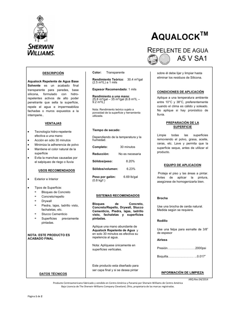 HojaTecnica-Aqualock Repelente de Agua Base Solvente | PDF