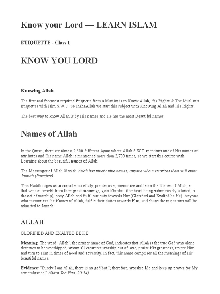 Know Your Lord - LEARN ISLAM PDF | Download Free PDF | God In Islam | Forgiveness