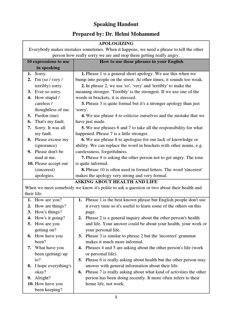 Speaking Handout PDF | PDF