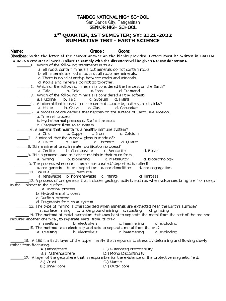 Earth Science SUMMATIVE TEST | PDF