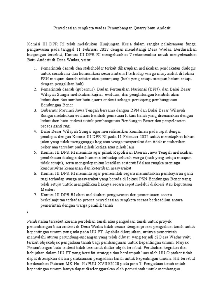 Penyelesaian Sengketa Wadas | PDF