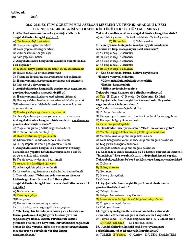 12.Snf Saglk Bilgisi Ve Trafik Kulturu Dersi 2. Donem 1. Snav | PDF