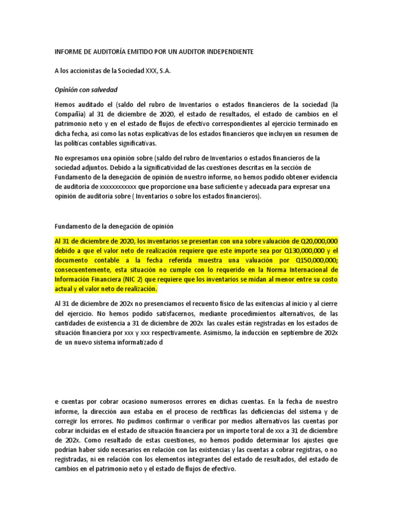 Informe de Auditoría Emitido Por Un Auditor Independiente | PDF
