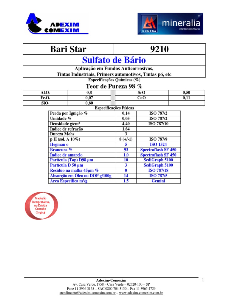 Aditivo - Sulfato de Bario Baristar 9210 - Adexim-Comexim - Fe PDF | PDF