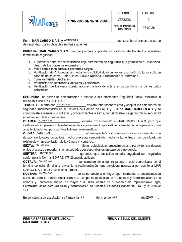 F-Oc-039-2 Formato Acuerdo de Seguridad PDF | PDF | Negocios