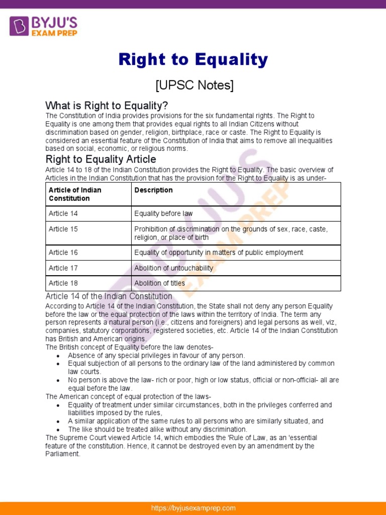 Right To Equality Upsc Notes 74 | PDF