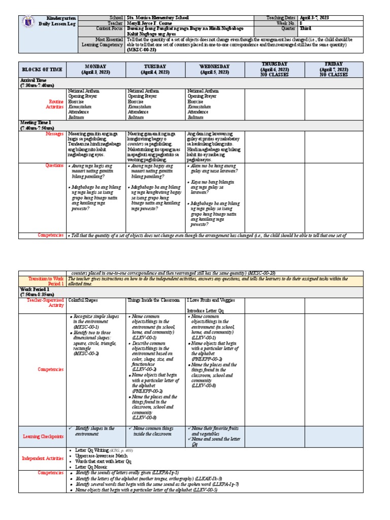 Kindergarten DLL MELC Q3 Week 8 | PDF