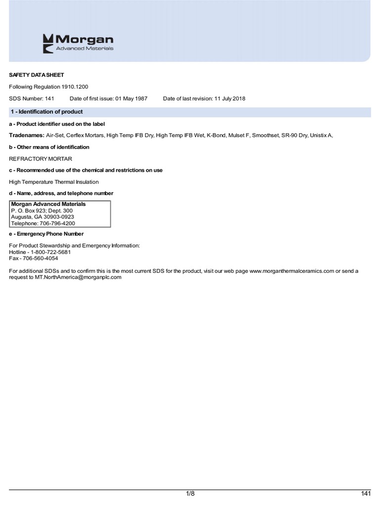 Refractory Mortar Safety Data Sheet | PDF | Technology & Engineering