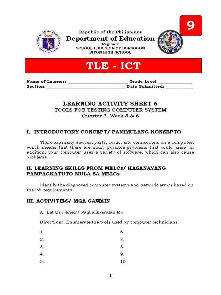 TLE ICT Learning Activity Sheet 6 Testing Computer Systems | PDF
