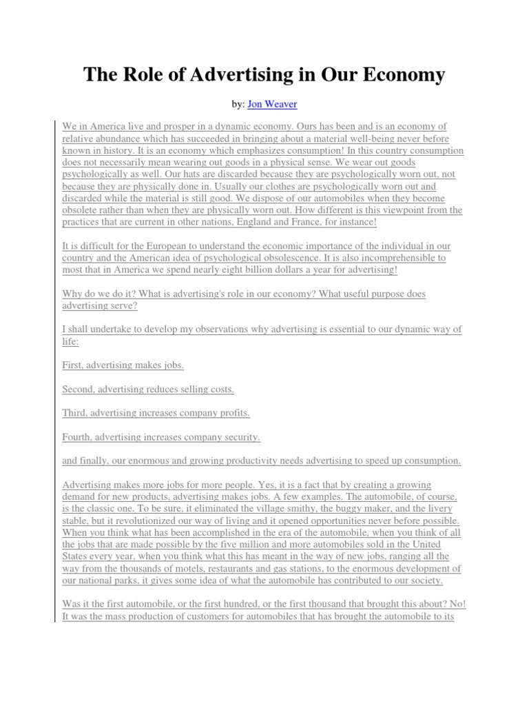 The Role of Advertising in Our Economy | PDF | Economic System | Capitalism