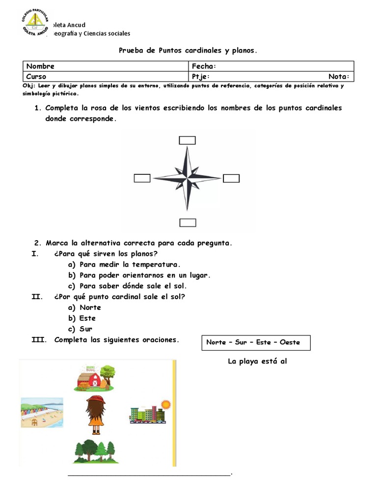 Prueba de Puntos Cardinales para Primaria | PDF | Hogar, jardinería y ...
