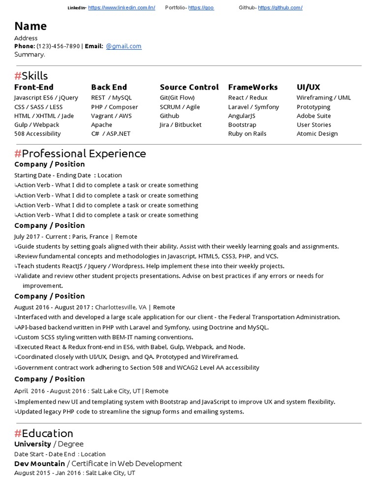 Junior Developer Resume Template - Joshua Fluke | PDF